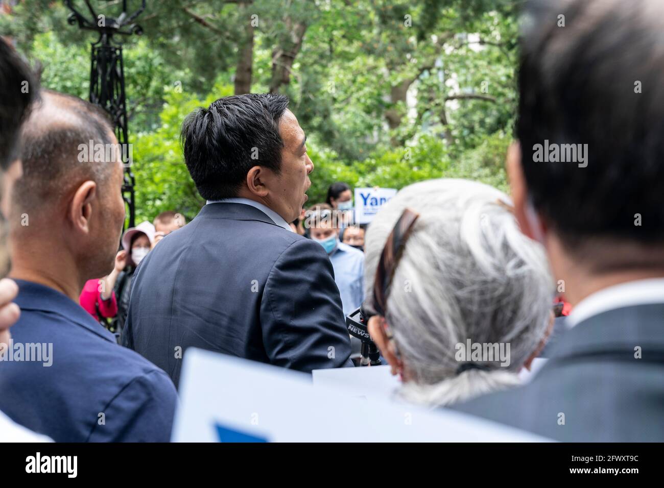 New York, NY - May 24, 2021: Mayoral candidate Andrew Yang receives ...