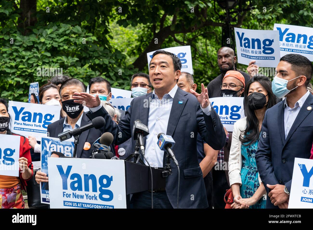 New York, NY - May 24, 2021: Mayoral candidate Andrew Yang receives ...