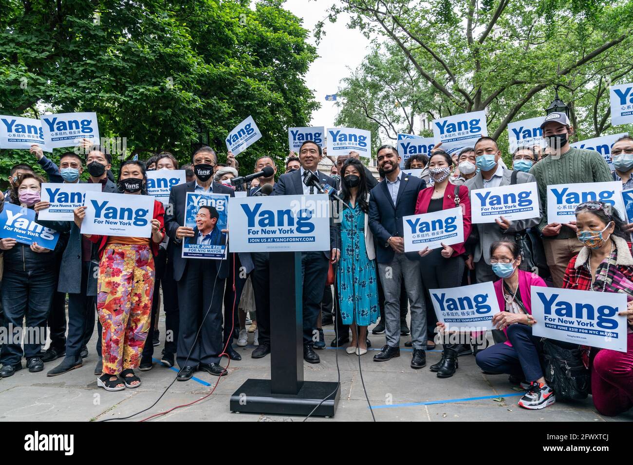 New York, NY - May 24, 2021: Mayoral candidate Andrew Yang receives ...