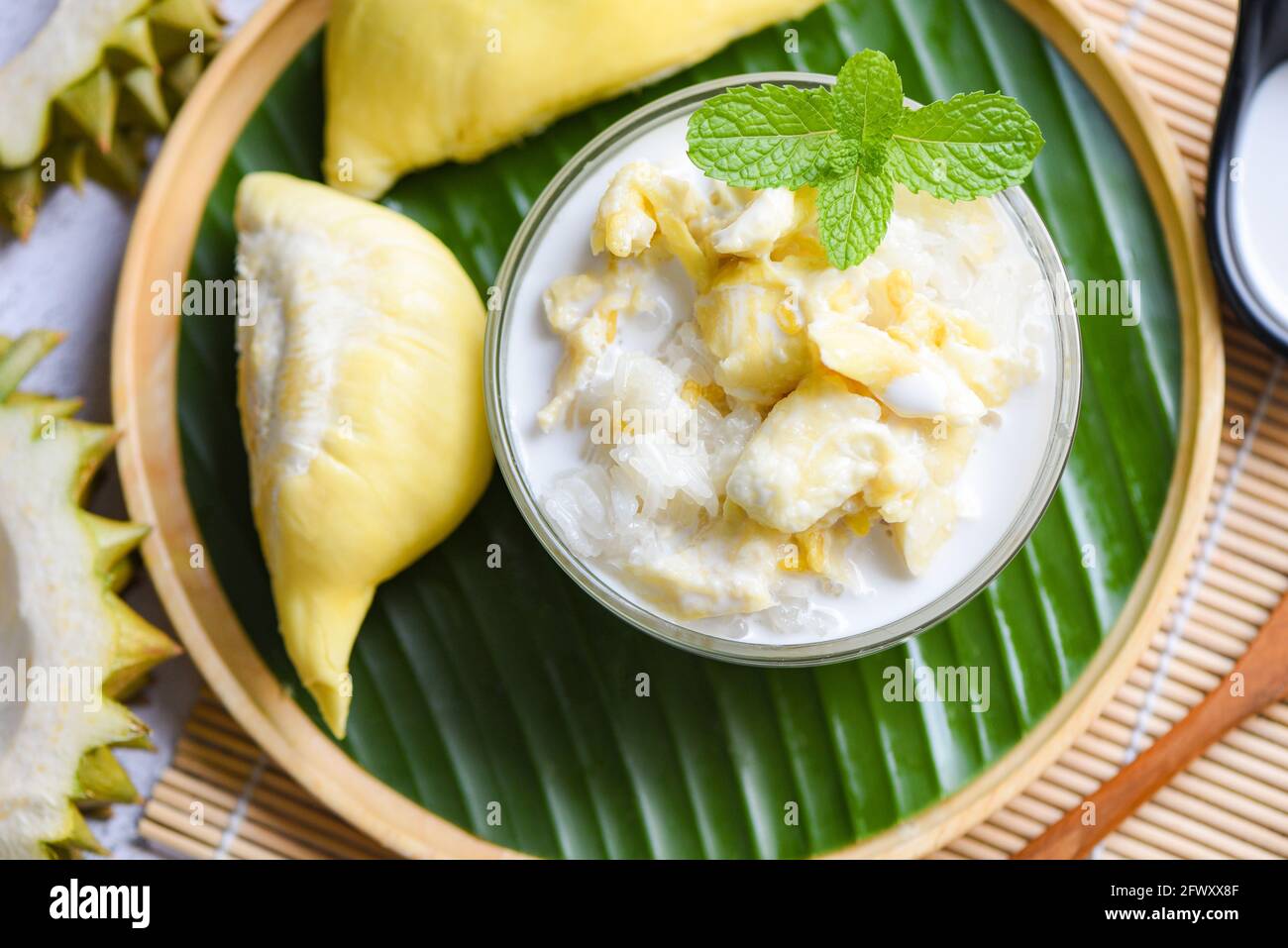 Durian sticky rice summer tropical fruit food, Asian Thai dessert ...