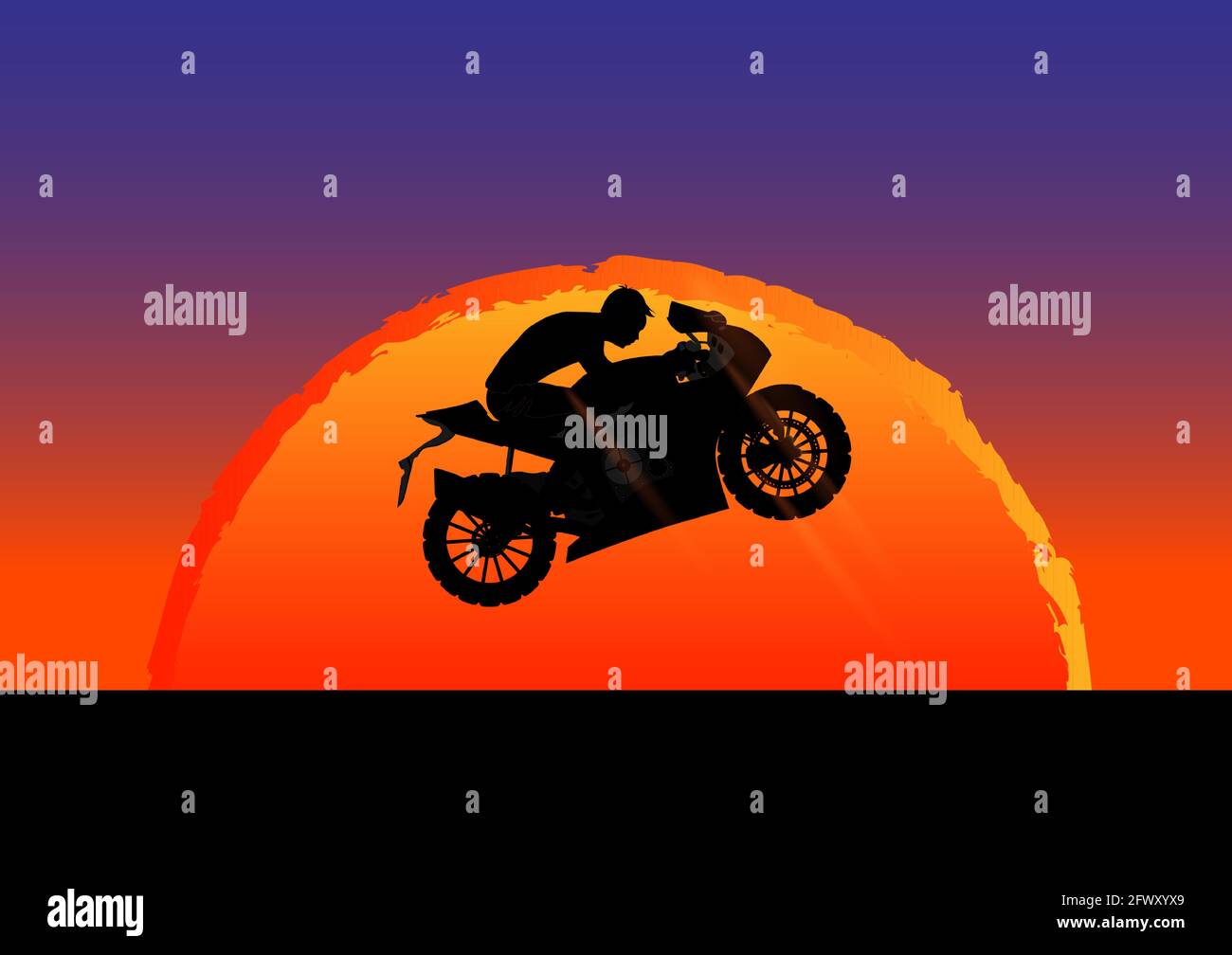 graphics drawing silhouette man riding motorcycle and jump with sunset ...