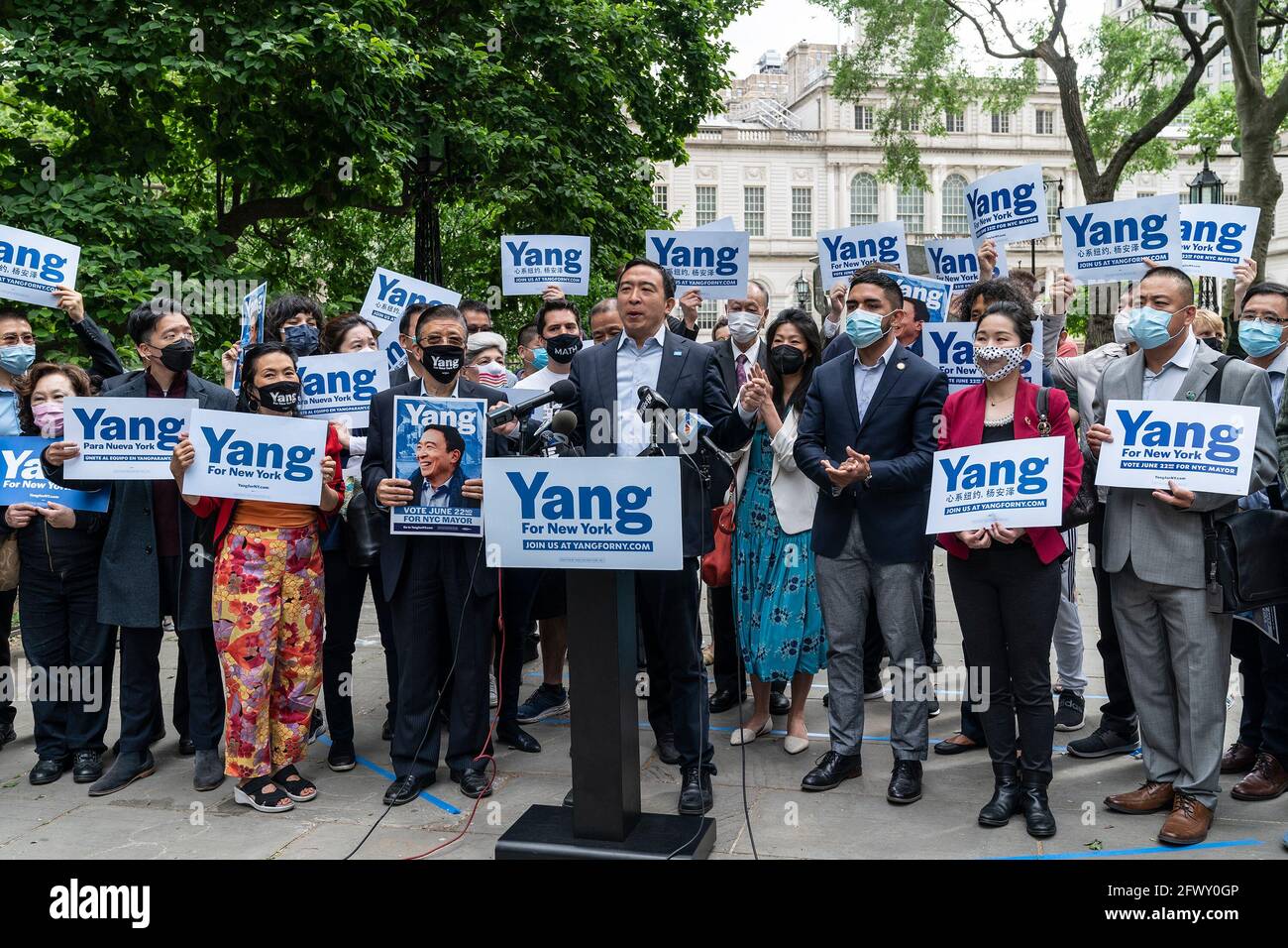 New York, United States. 24th May, 2021. Mayoral candidate Andrew Yang ...