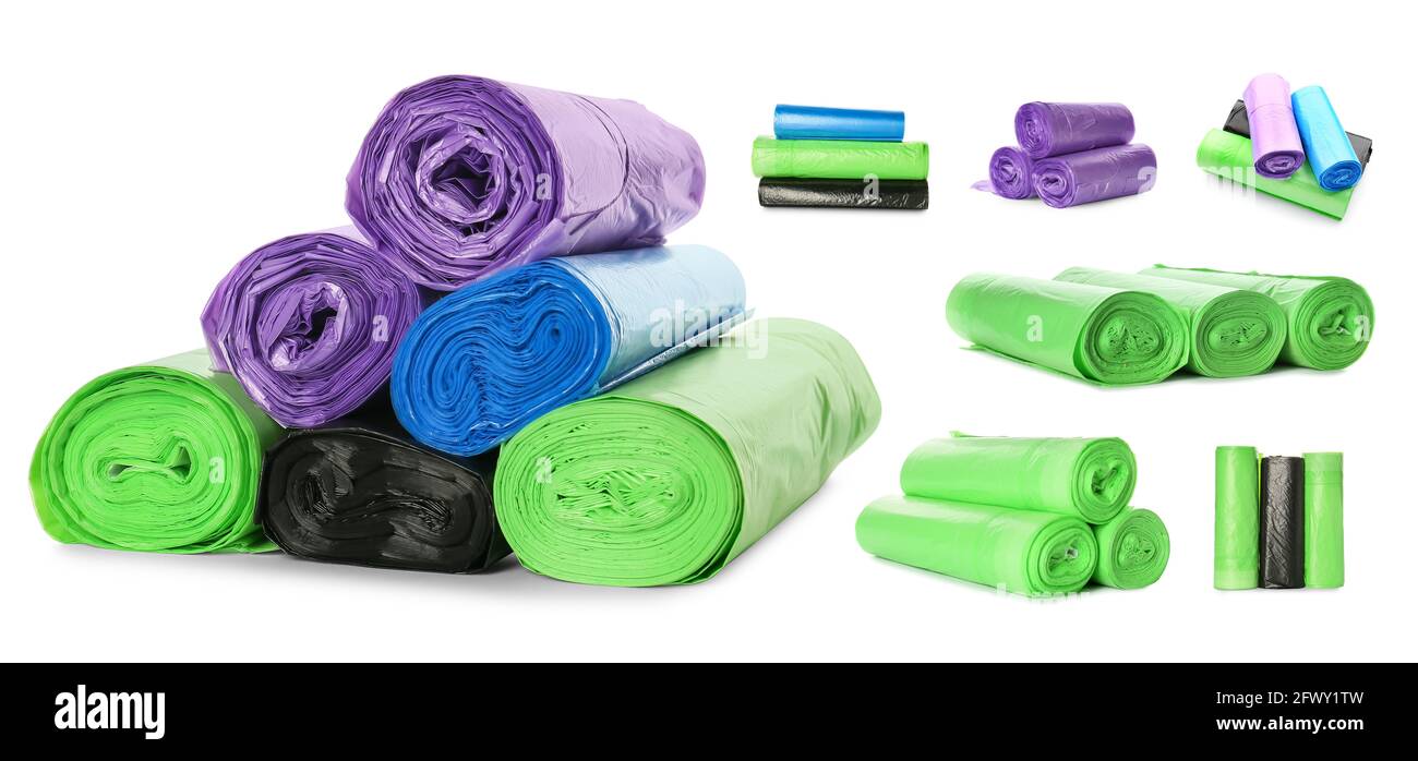 Different garbage bags on white background Stock Photo - Alamy