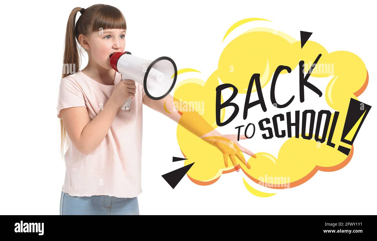 Little girl with megaphone on white background. Back to school Stock ...