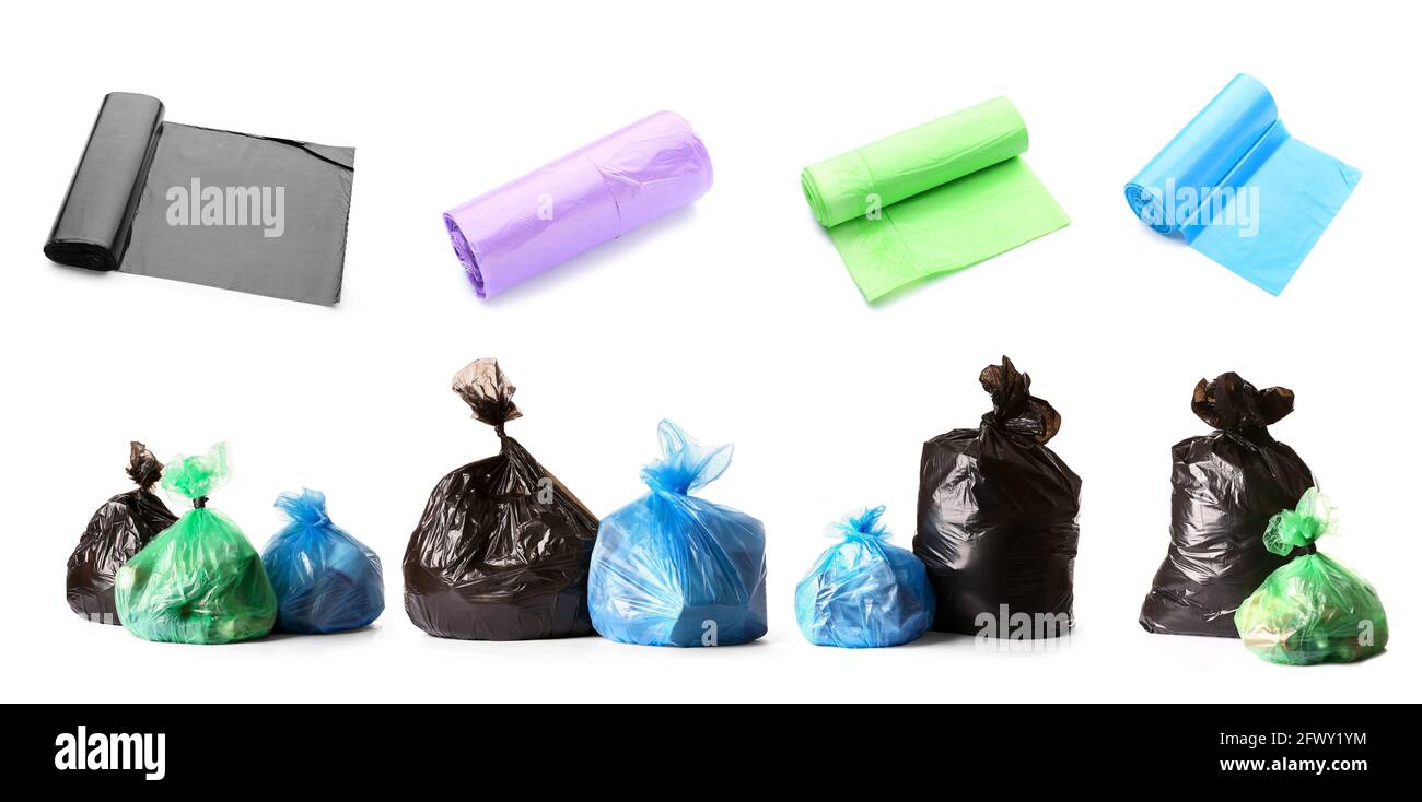 Different garbage bags on white background Stock Photo - Alamy