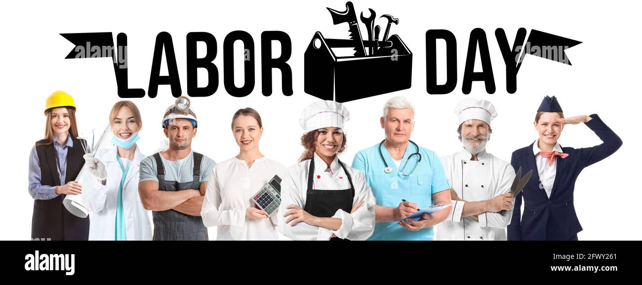 Many people of different professions and text LABOR DAY on white ...