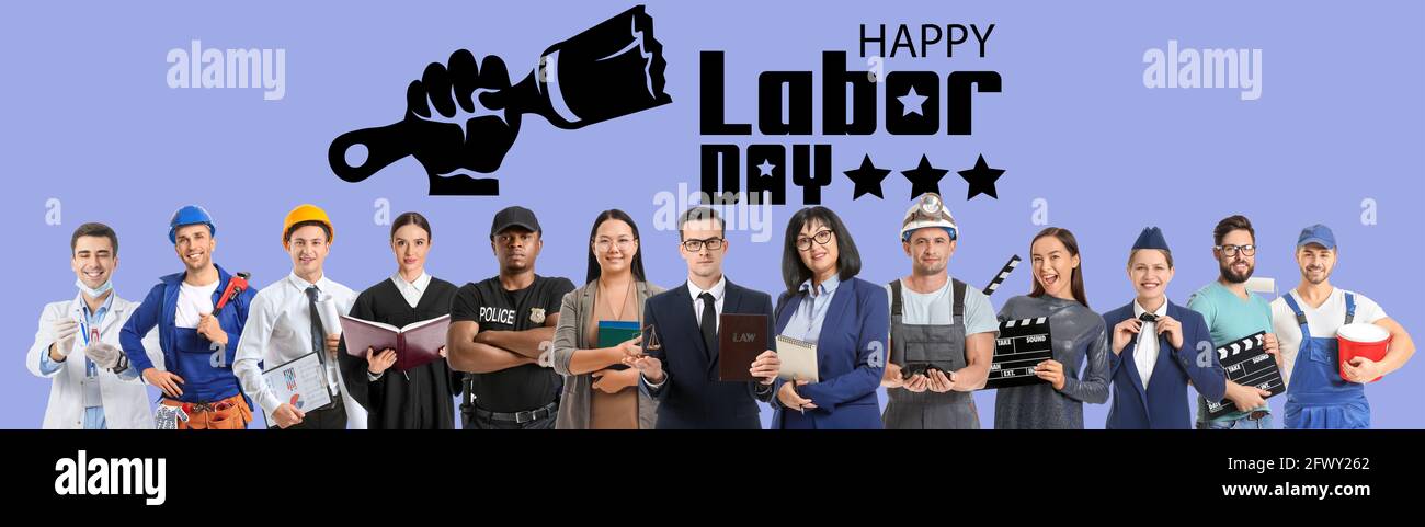 Many people of different professions and text HAPPY LABOR DAY on color ...