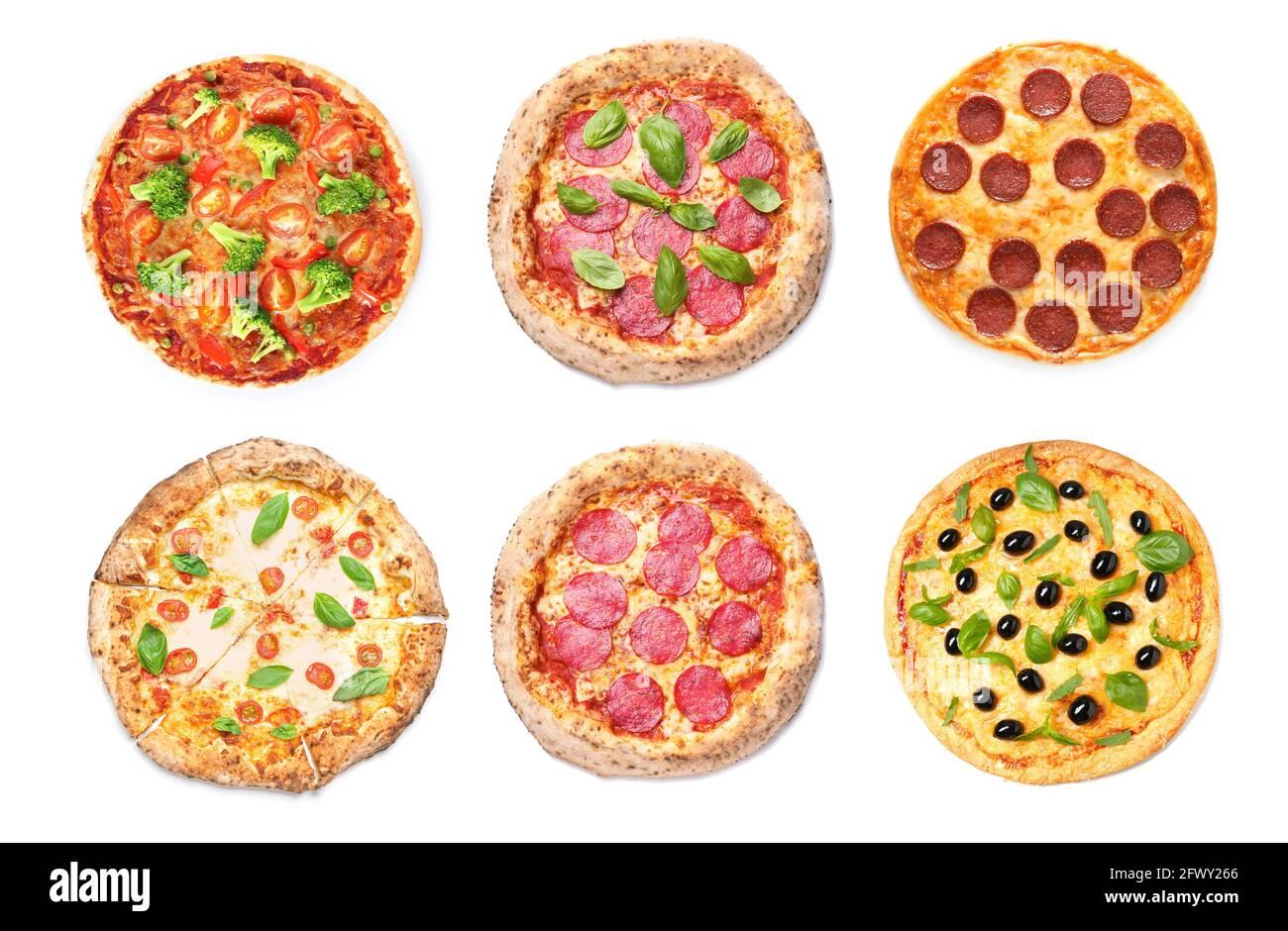 Set of delicious pizzas on white background Stock Photo - Alamy