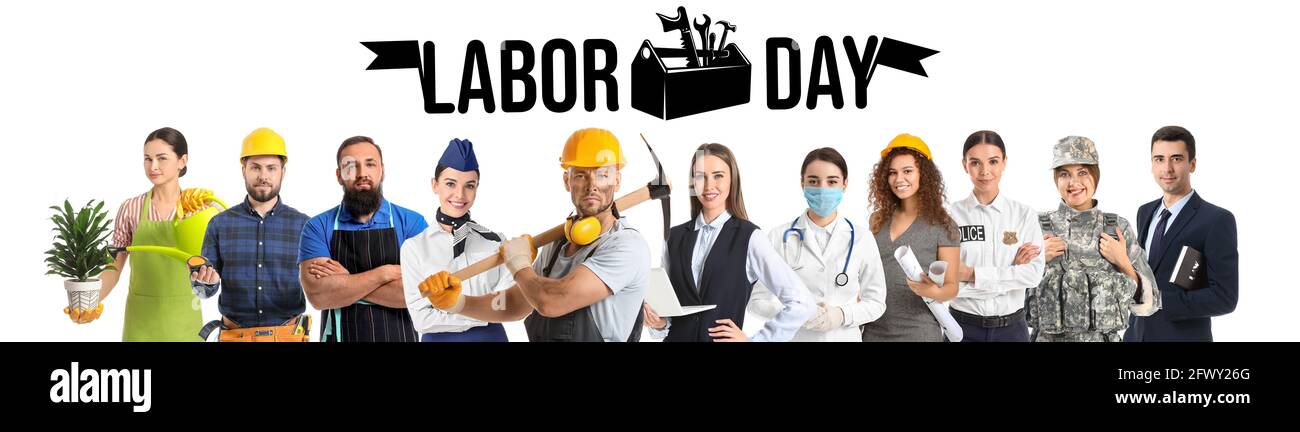 Many people of different professions and text LABOR DAY on white ...