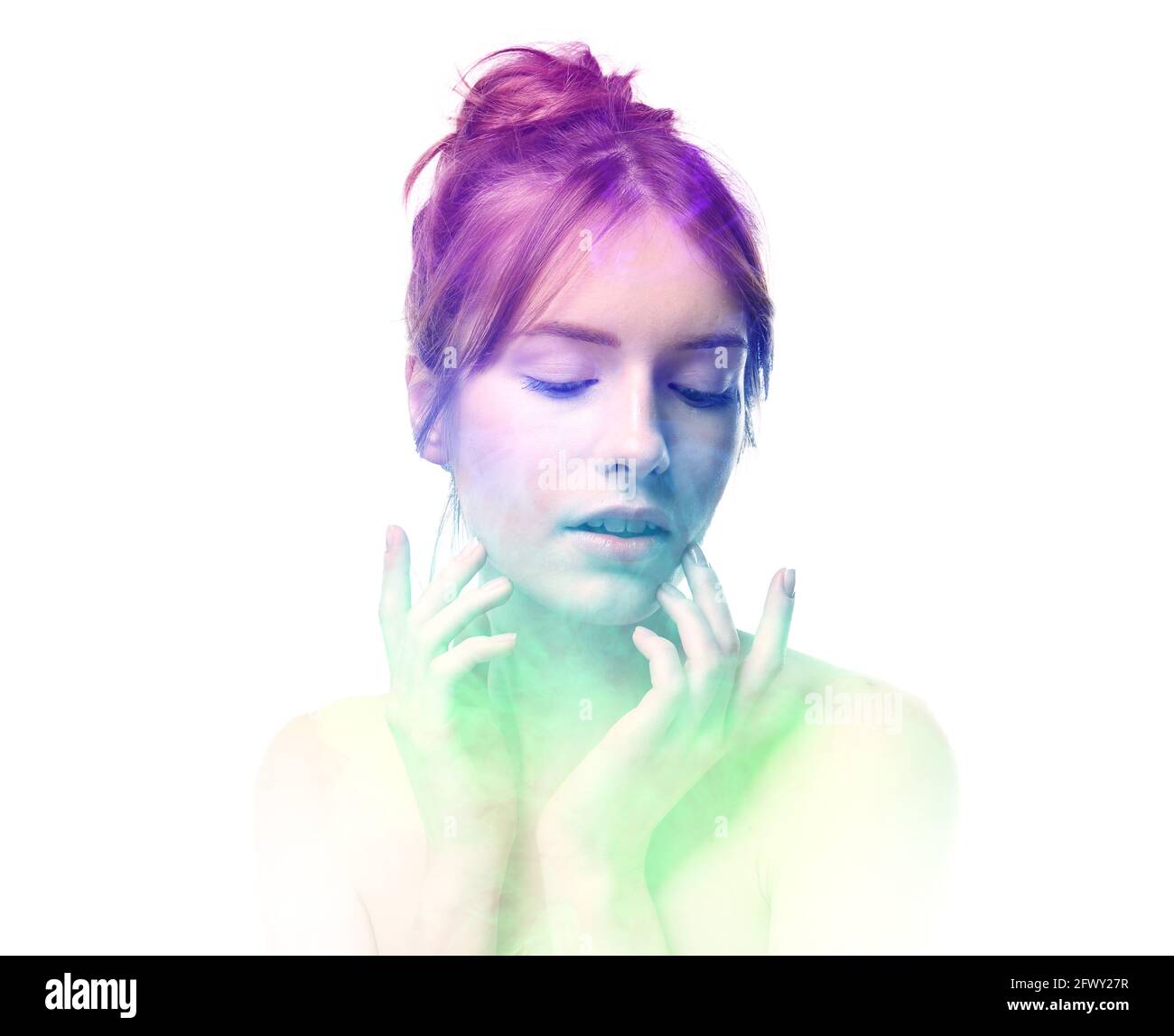 Beautiful young woman and her energy field on white background Stock ...