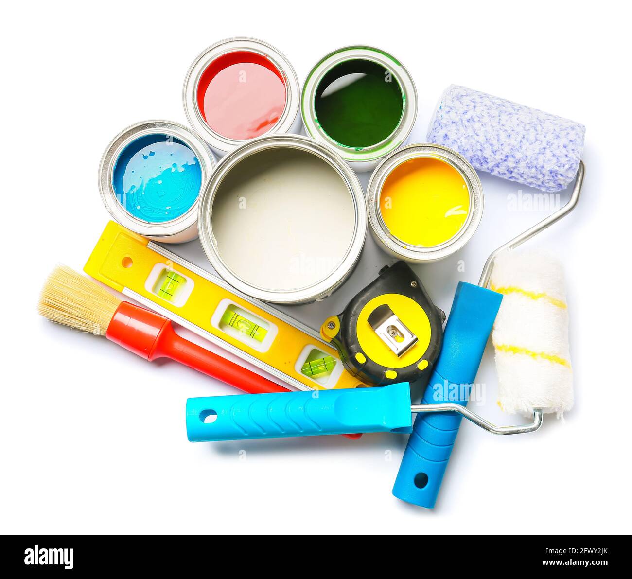 Cans of paints and tools on white background Stock Photo - Alamy