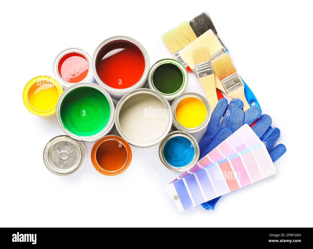 Cans of paints and tools on white background Stock Photo - Alamy