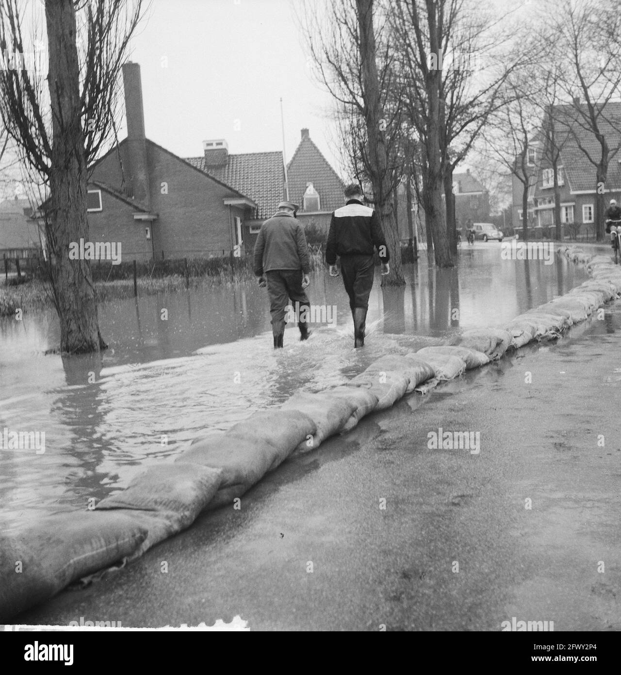 Watershed in Borculo, boys walk through water to reach their hu ...