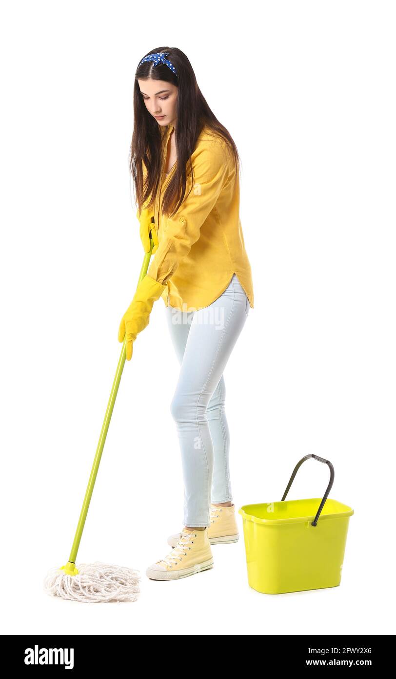 Young woman with floor mop and bucket on white background Stock Photo ...