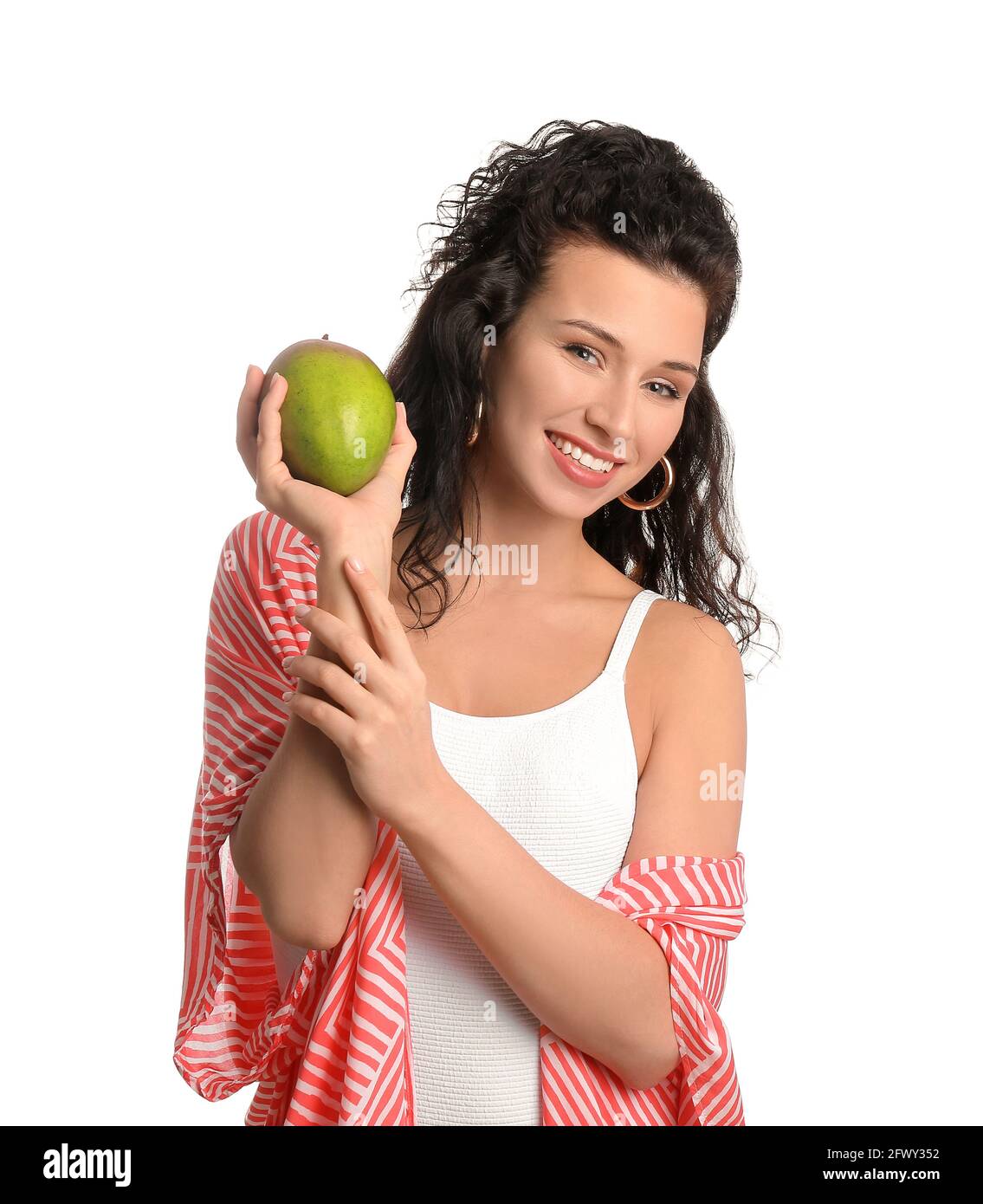 Beautiful woman with fresh mango on white background Stock Photo - Alamy