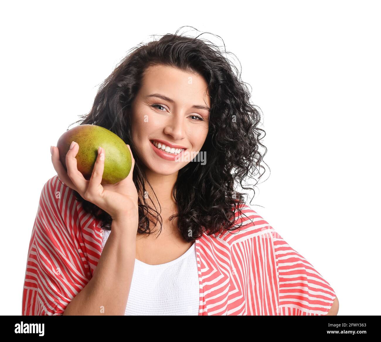 Beautiful woman with fresh mango on white background Stock Photo - Alamy