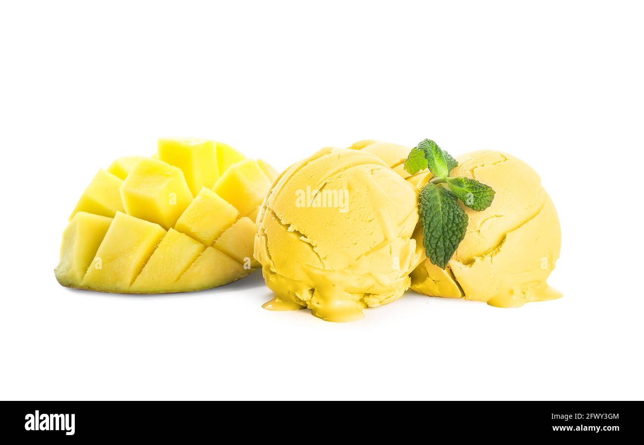 Tasty mango ice cream on white background Stock Photo - Alamy