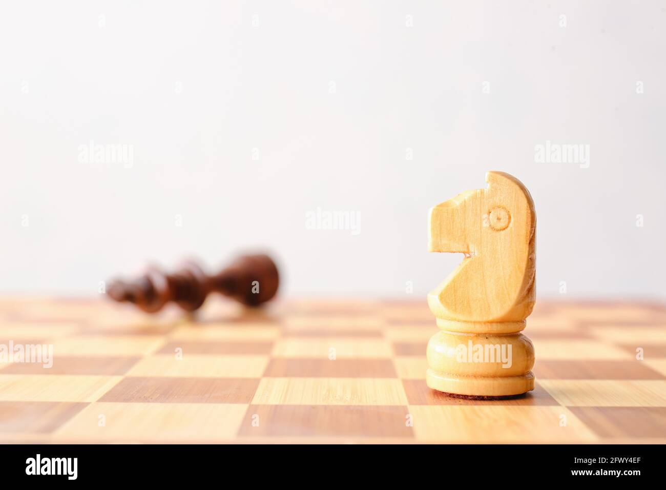 Chess board with knight on white background Stock Photo - Alamy