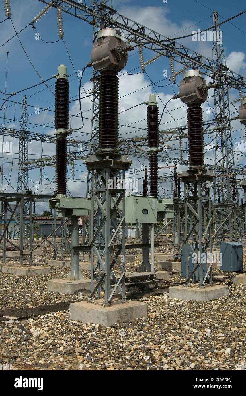Pylons & transformers, Payo Selincah Power Station, Jambi, Sumatra ...