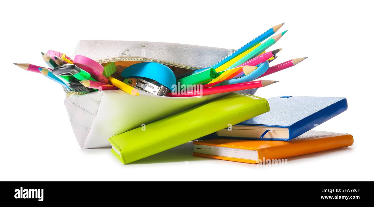 Pencil case with stationary on white background Stock Photo - Alamy