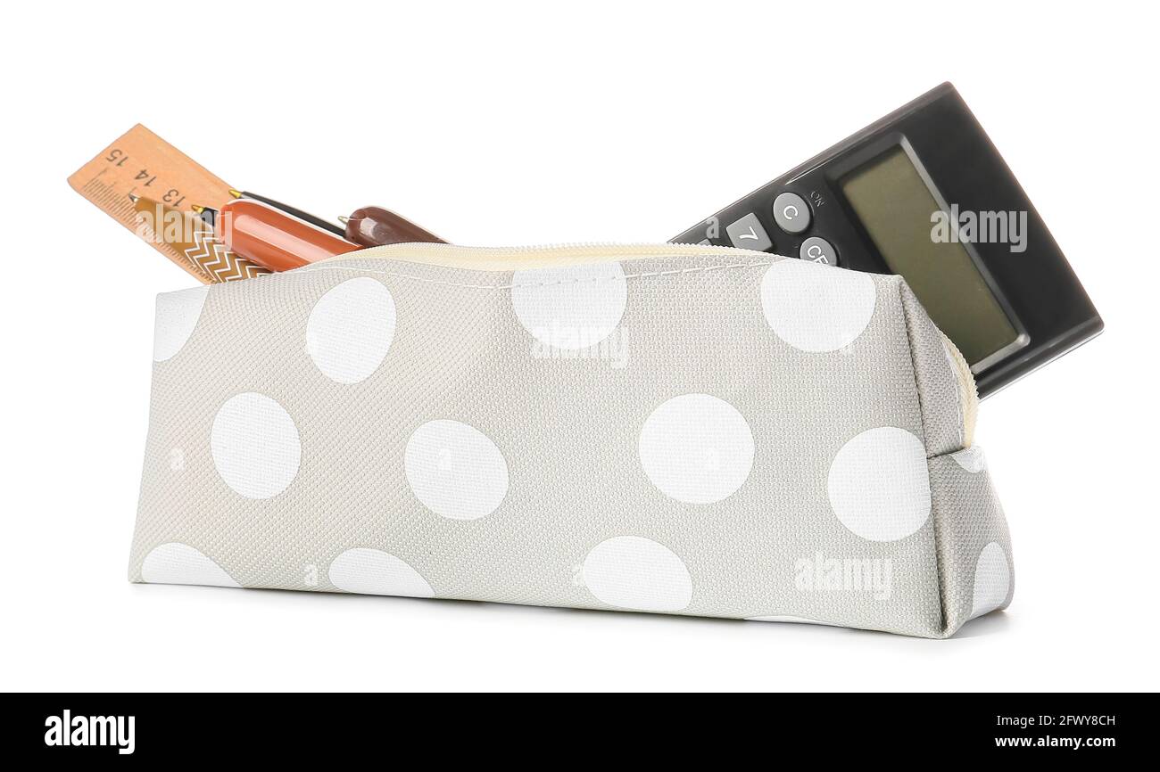 Pencil case with stationary on white background Stock Photo - Alamy