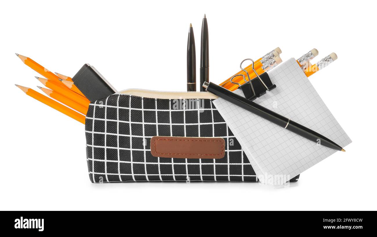 Pencil case with stationary on white background Stock Photo - Alamy