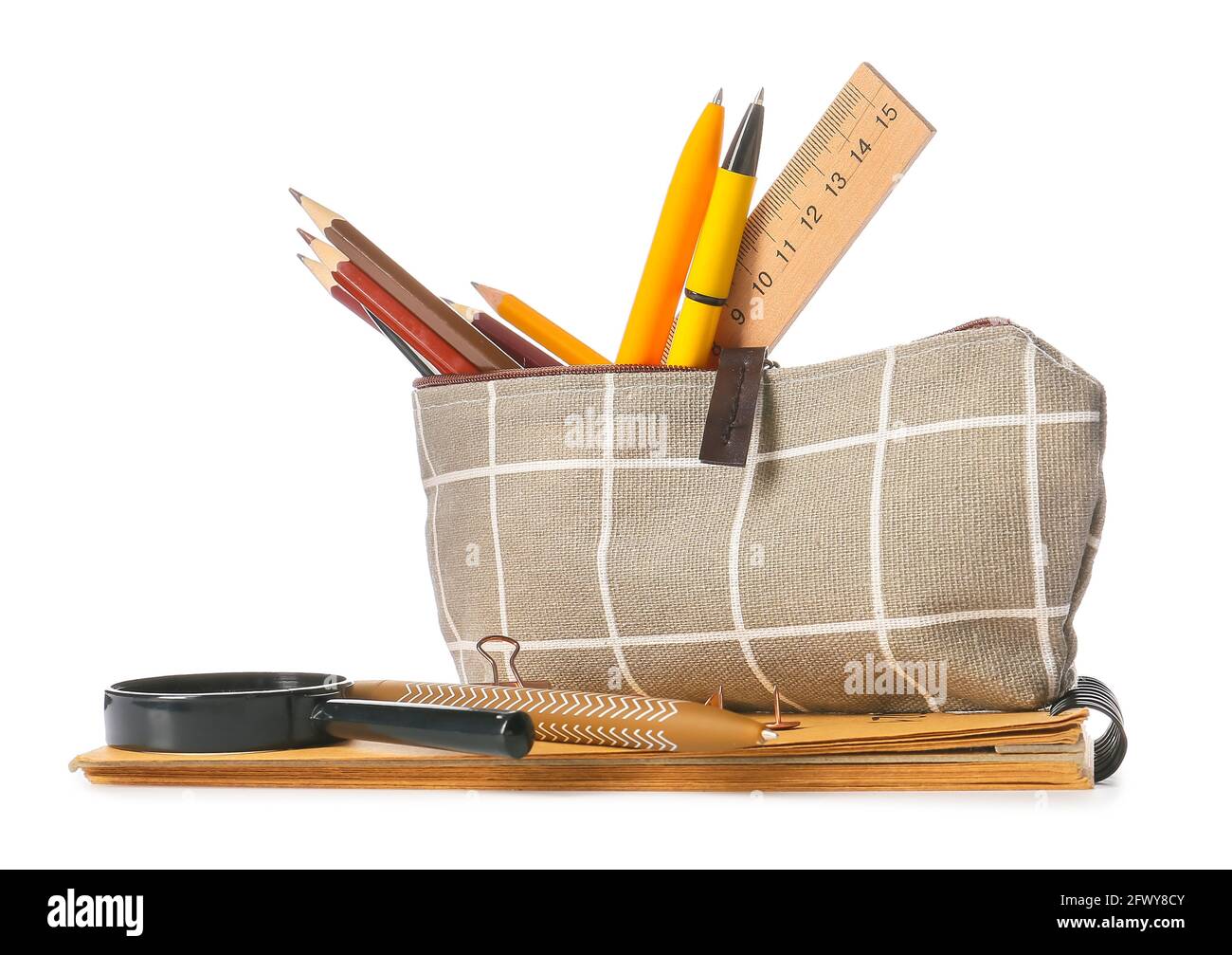 Pencil case with stationary on white background Stock Photo - Alamy