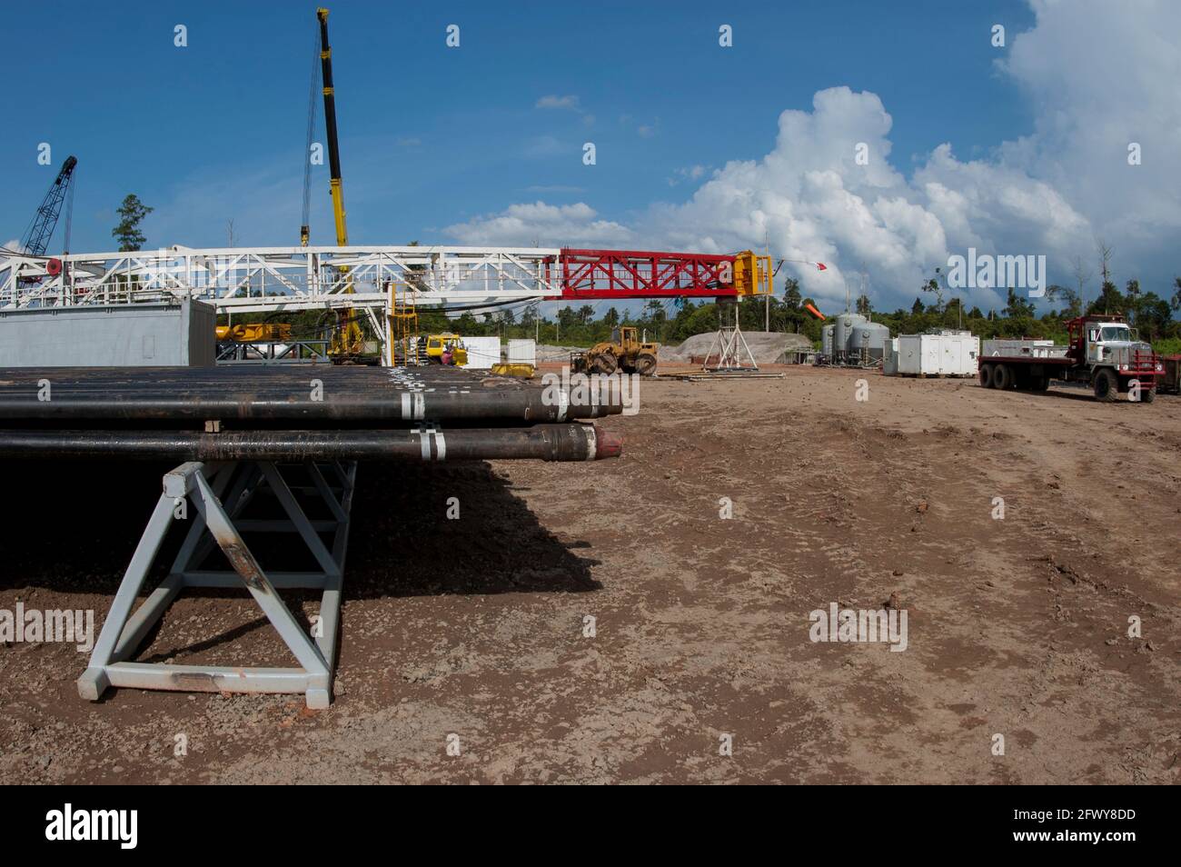 Drilling derrick and pipe, rig site, Jambi, Sumatra, Indonesia Stock ...