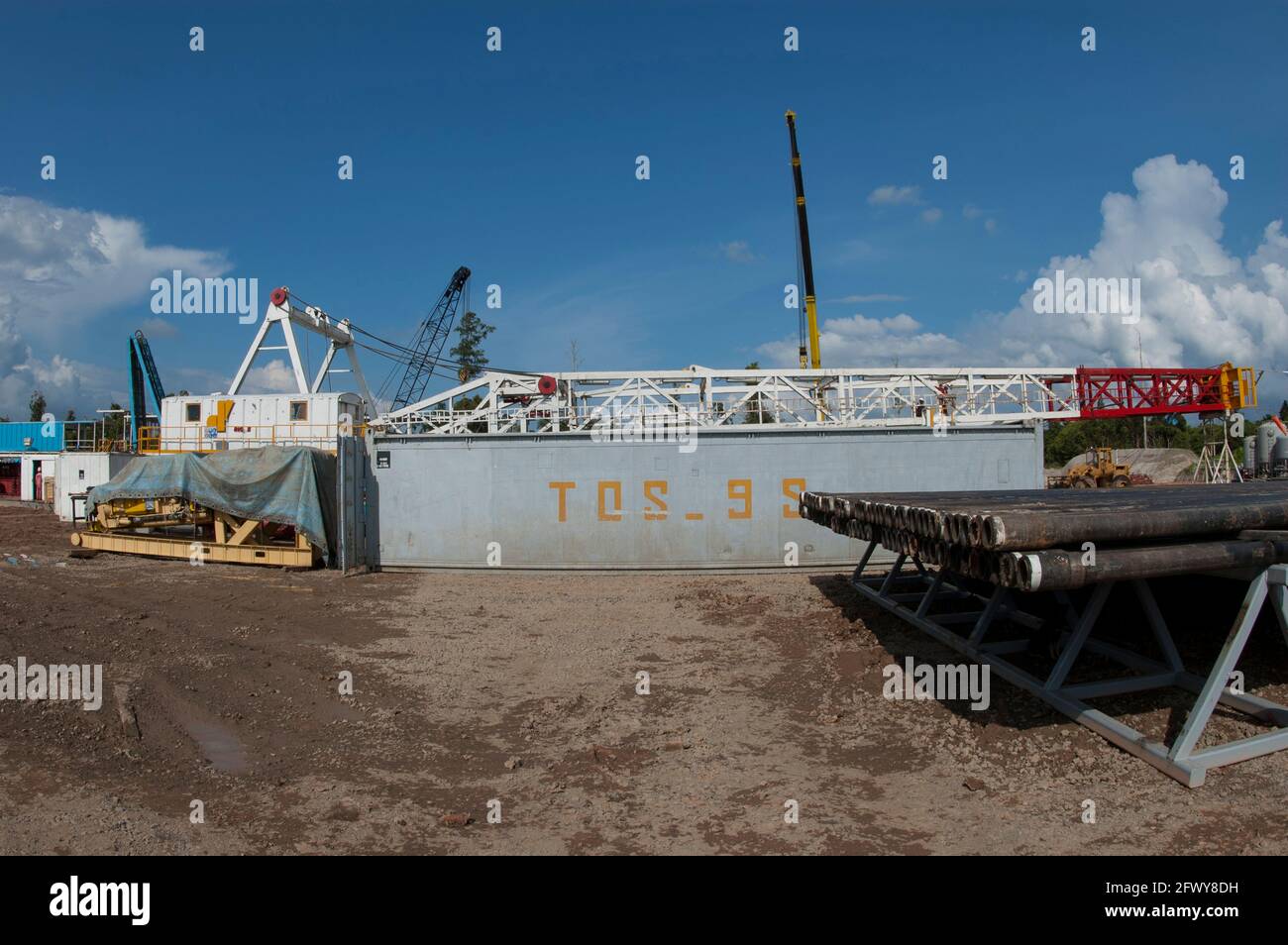 Drilling derrick and pipe, rig site, Jambi, Sumatra, Indonesia Stock ...