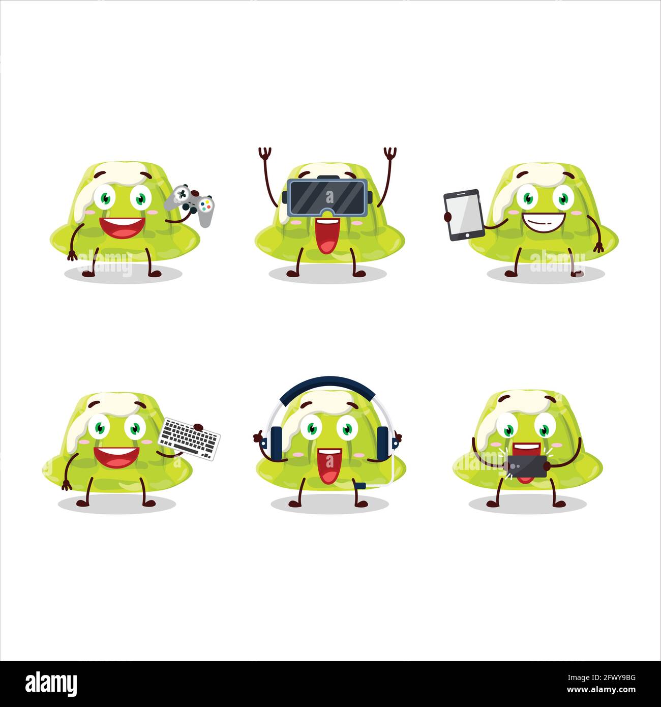 Green pudding cartoon character are playing games with various cute ...
