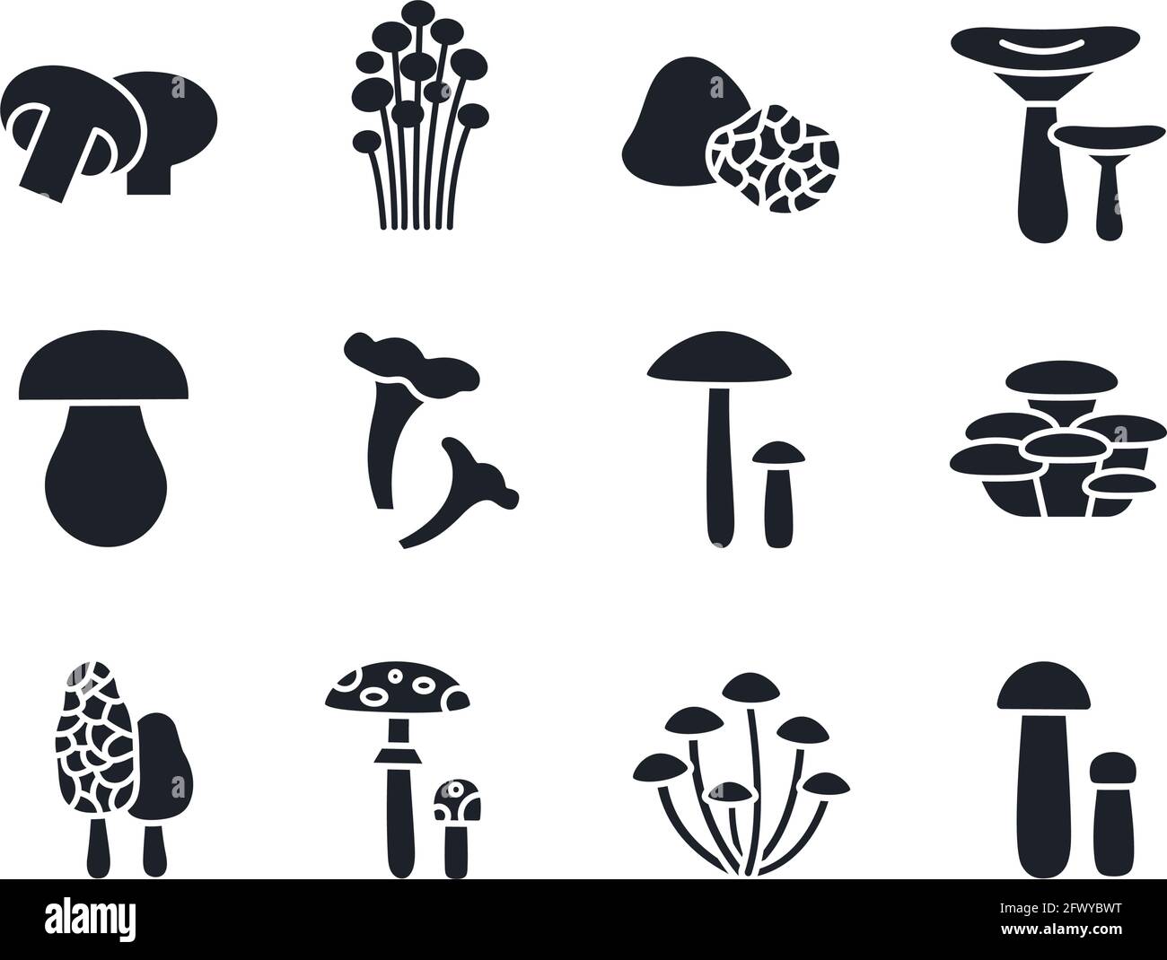 Mushrooms silhouette set. Black vector silhouettes. Fill solid icon ...