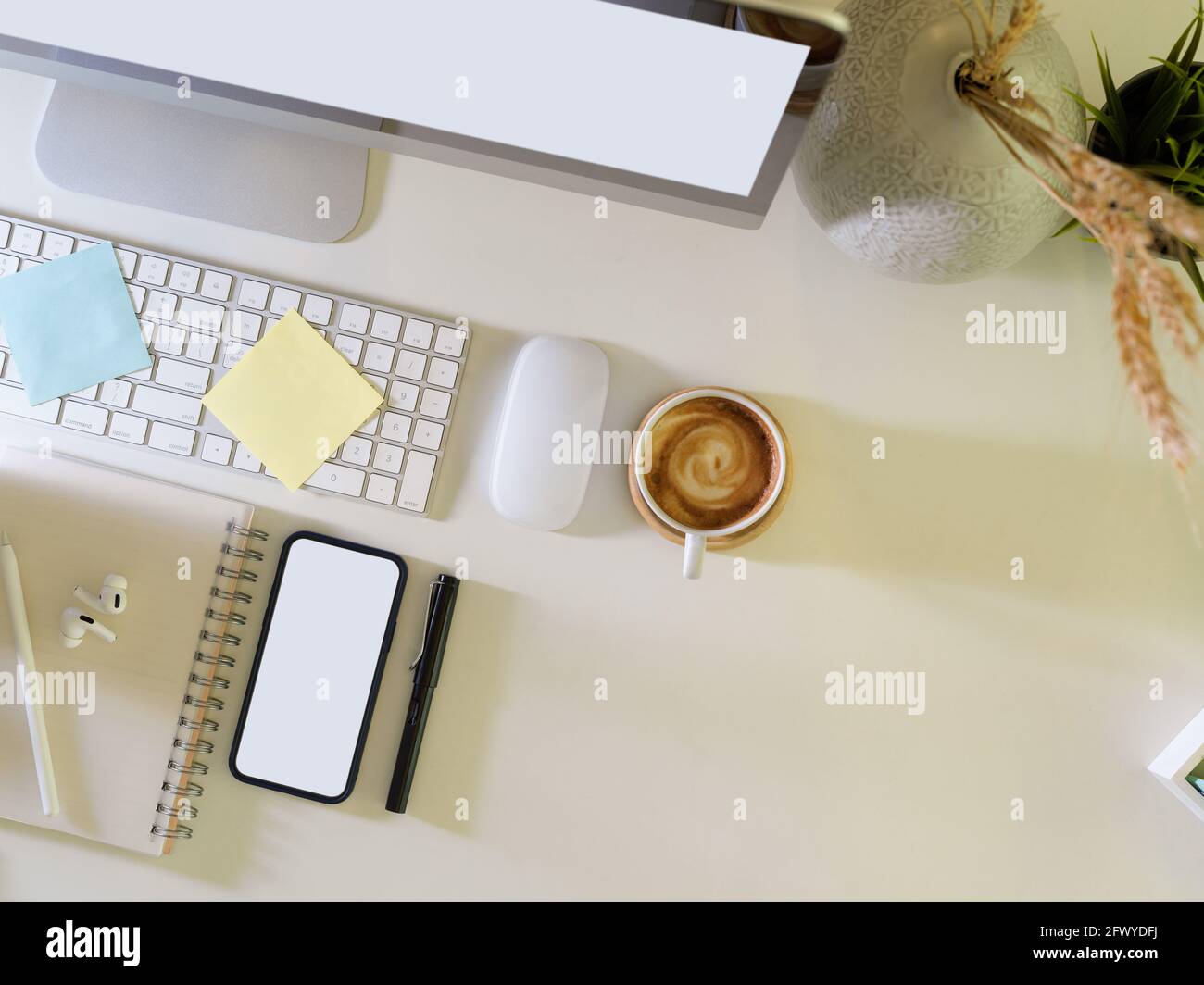 Top view of creative flat lay workspace with computer, smartphone ...