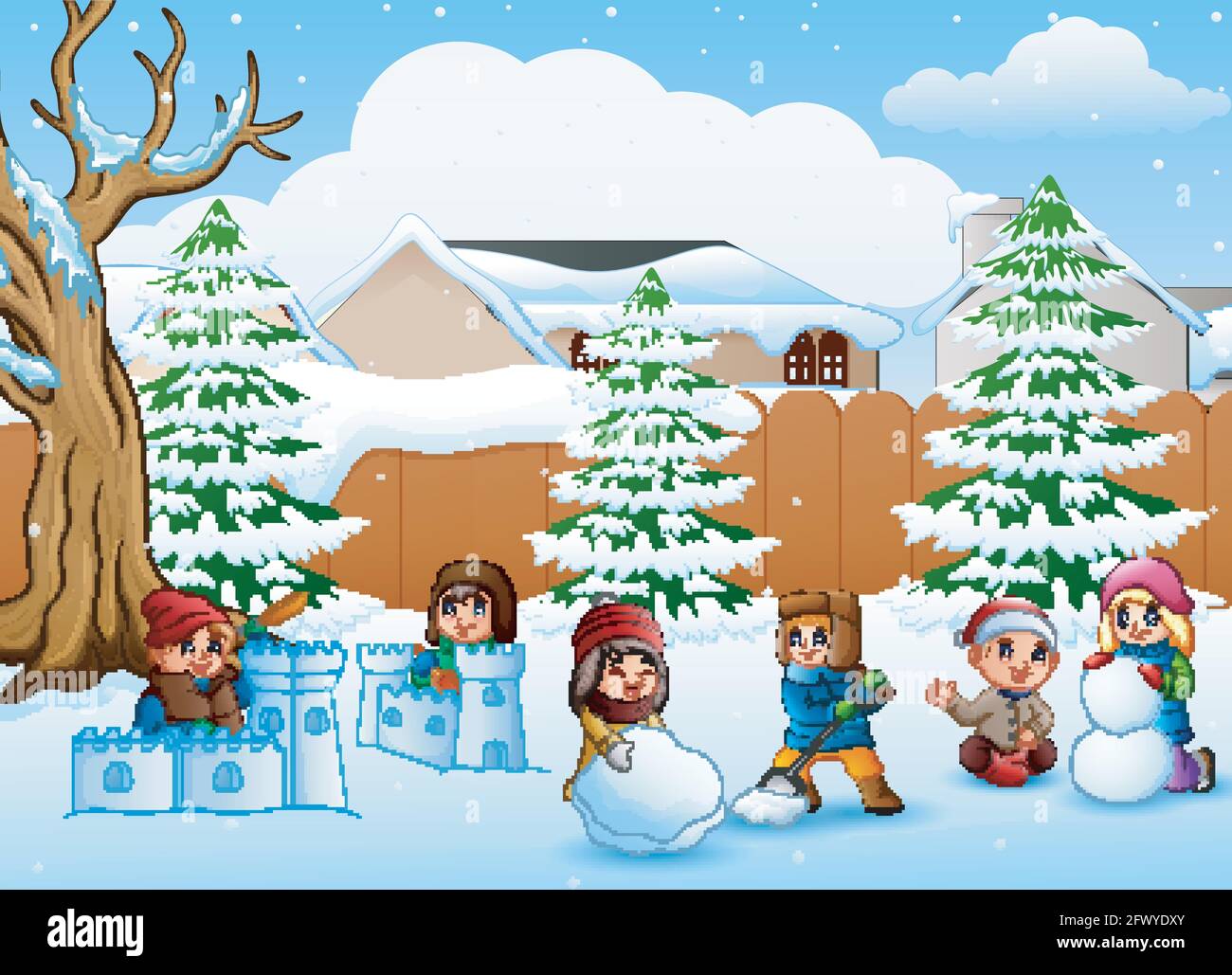 Vector illustration of Cartoon kids playing in the snow Stock Vector ...