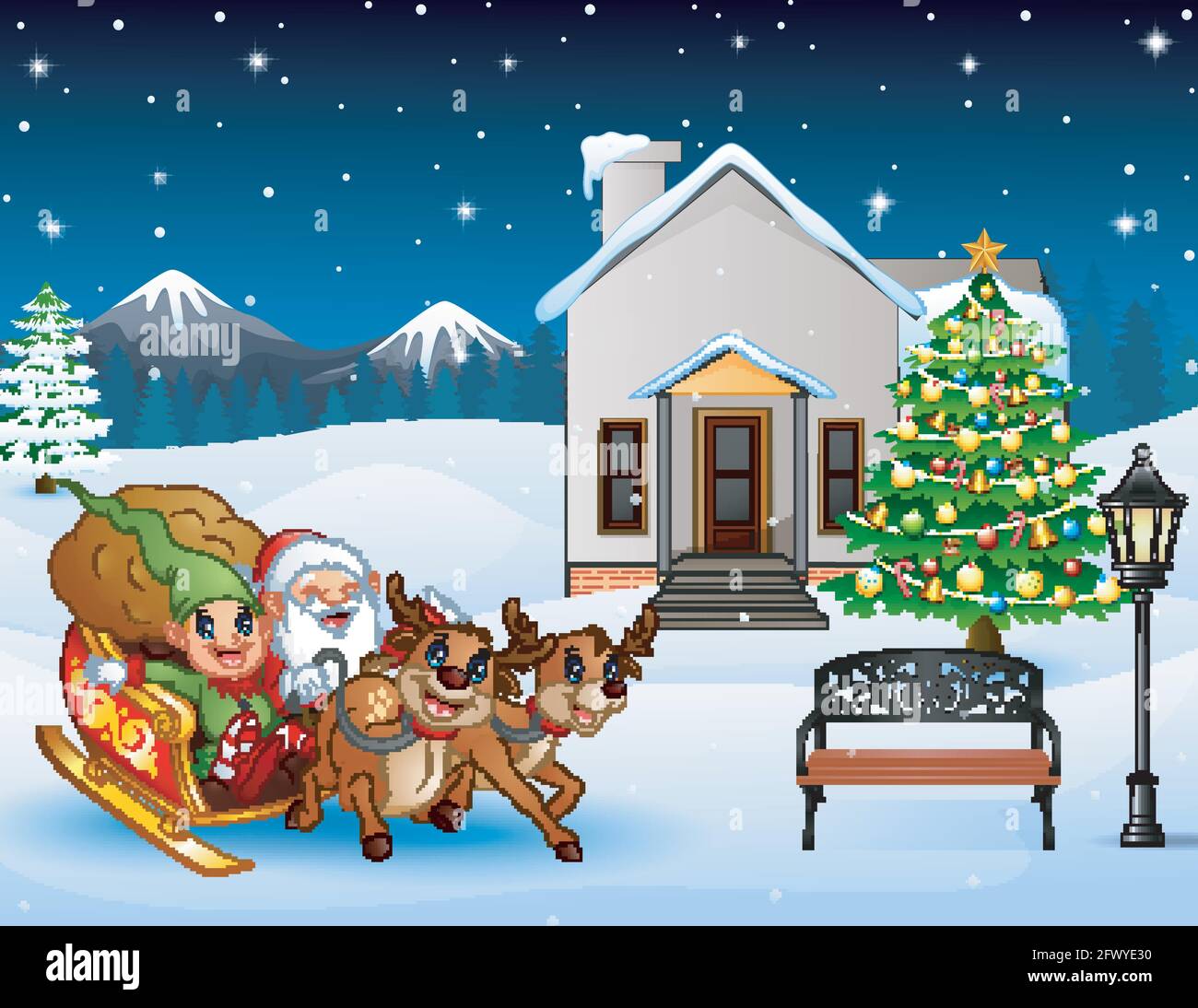 Vector illustration of Cartoon santa claus with elf riding on a sleigh ...