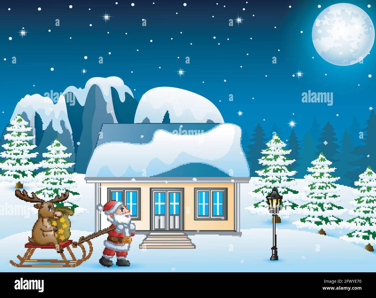 Vector illustration of Cartoon funny santa claus pulling reindeer on a sleigh with sack of gifts ...