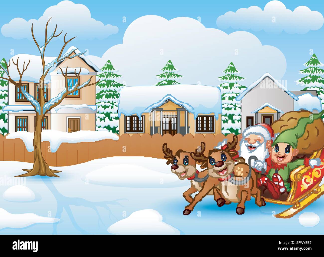 Vector illustration of Cartoon santa claus with deer riding on a sleigh ...