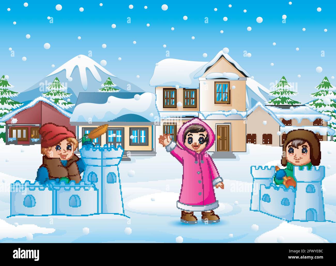 Vector illustration of Cartoon kids playing in the snowing village ...
