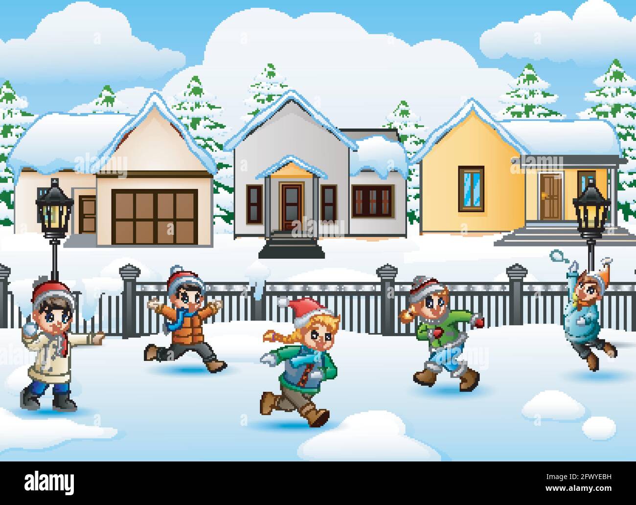 Vector illustration of Cartoon kids playing in the snowing village ...