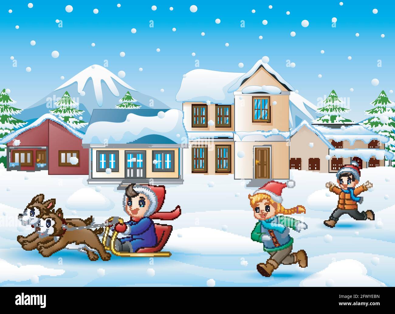 Vector illustration of Cartoon boy riding sled on the snowing village ...