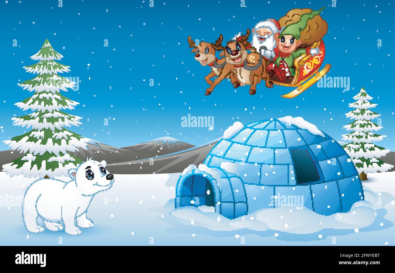 Vector illustration of Santa Claus and elf riding deer sleigh flying ...