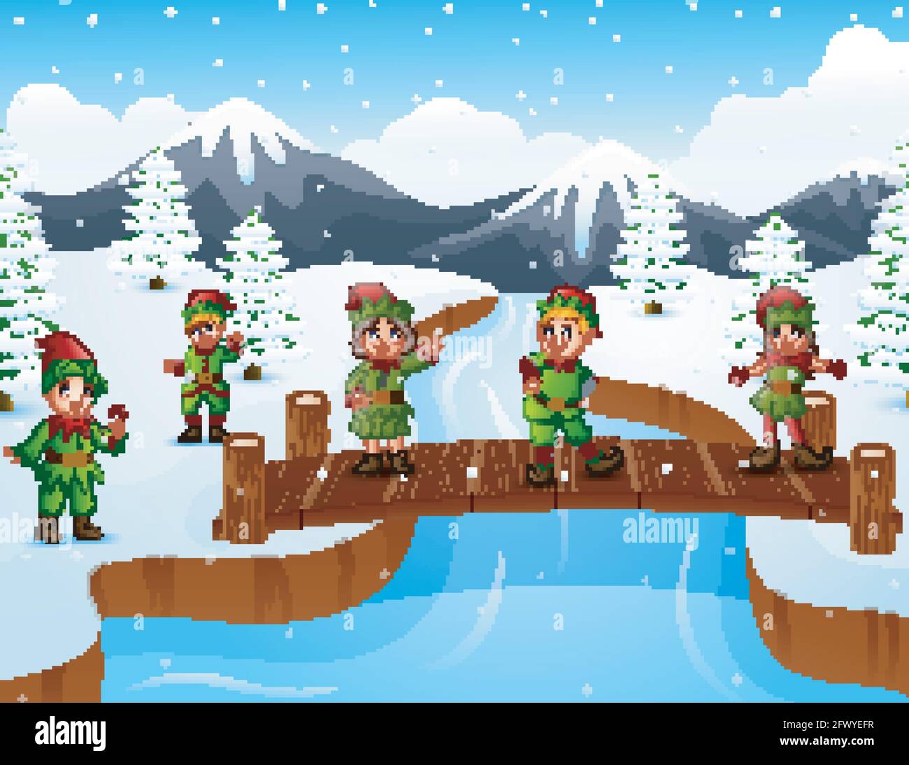 Vector illustration of Happy kid wearing elf costume on the bridge in ...