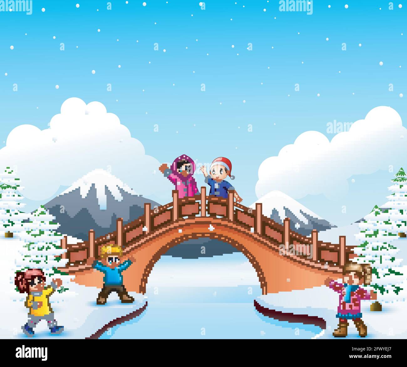 Vector illustration of Happy kid on the bridge in the snowing hill ...