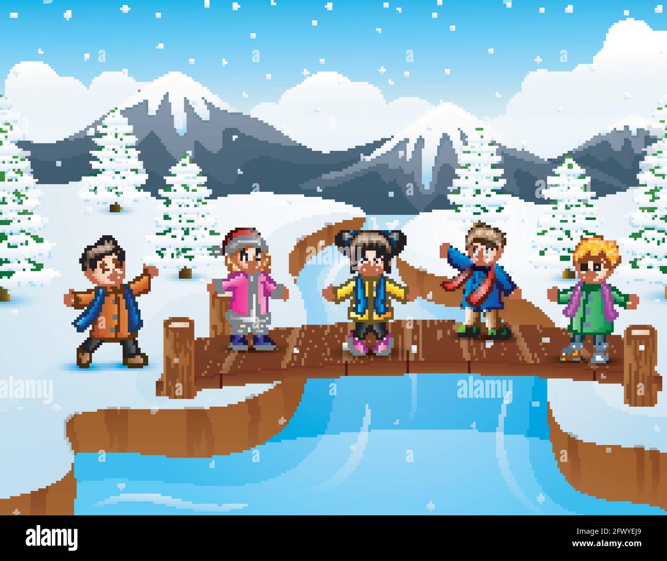 Vector illustration of Happy kid on the bridge in the snowing hill ...