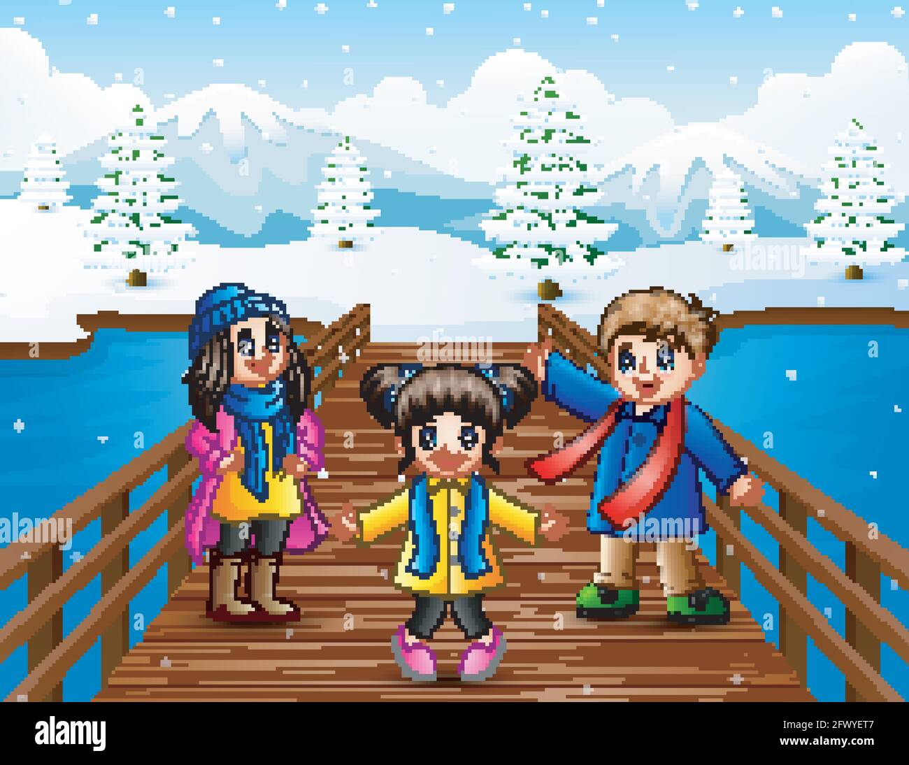Vector illustration of Happy kid on the bridge in the snowing hill ...