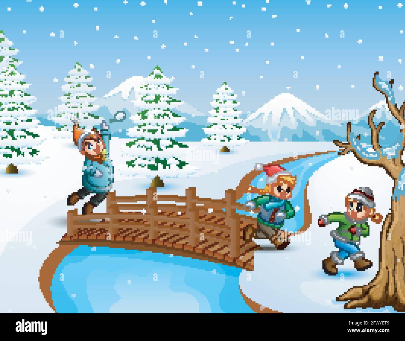 Vector illustration of Happy kid on the bridge in the snowing hill ...