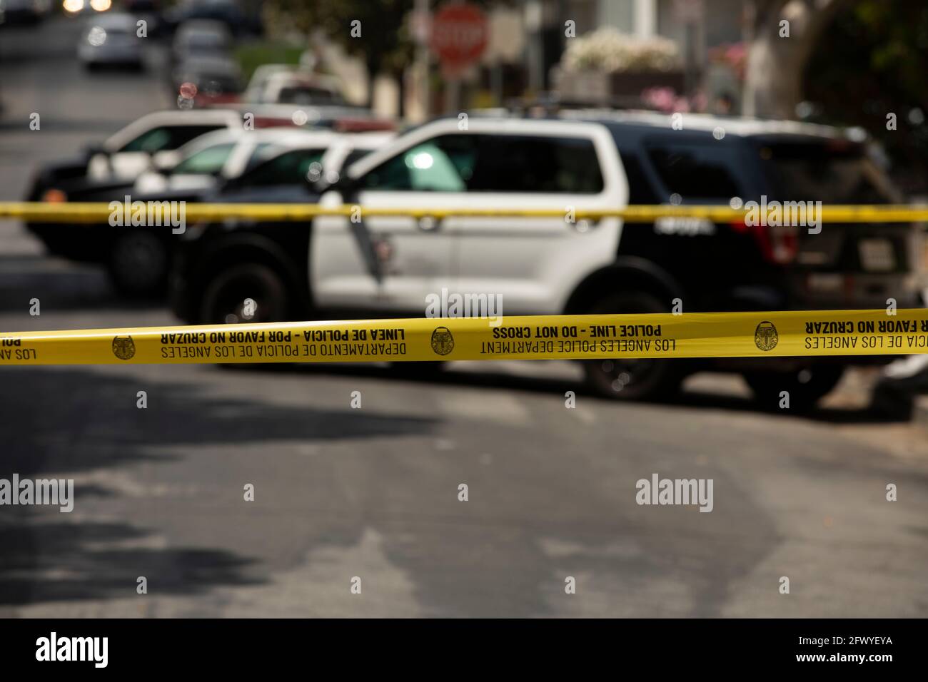 Los Angeles, California, USA - May 15, 2021: Cordon tape secures the ...