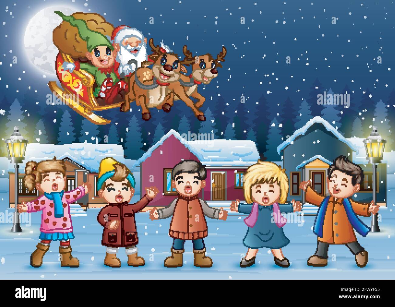 Happy kids singing with santa claus and elf riding his sleigh at the ...