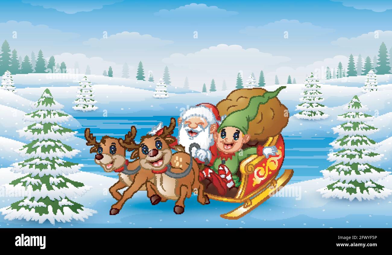 Cartoon santa claus with elf riding on a sleigh with bag of gifts ...