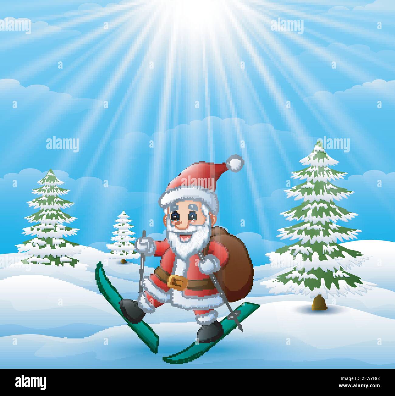 Happy santa claus skiing with sack of gifts at winter snow Stock Vector ...