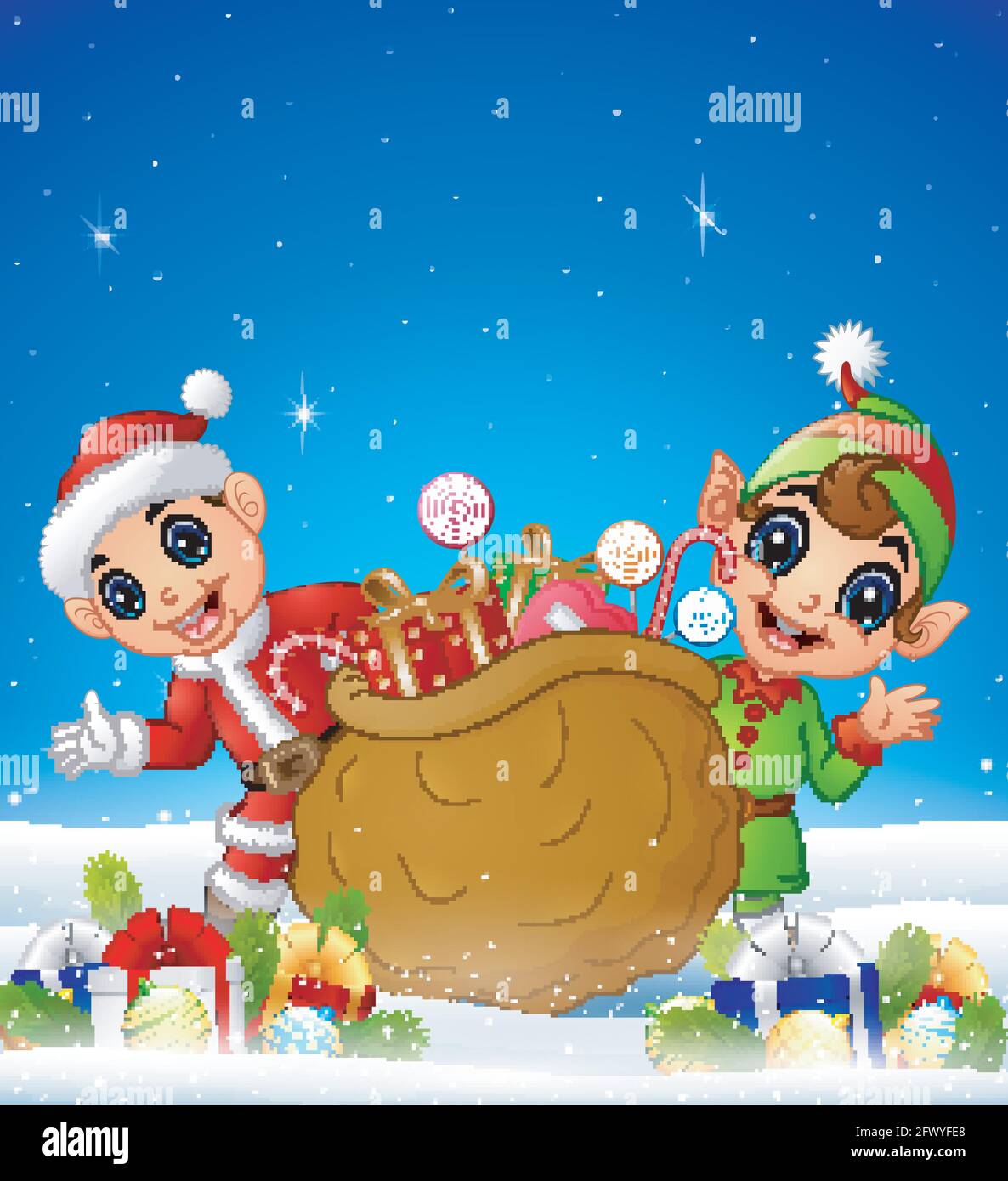 Cartoon kid and elf in the winter background with gift boxes and balls ...
